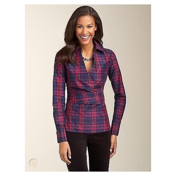Talbots | Tops | Nwot Talbots Berry Navy Plaid Silk Taffeta Wrap Top 2p ...